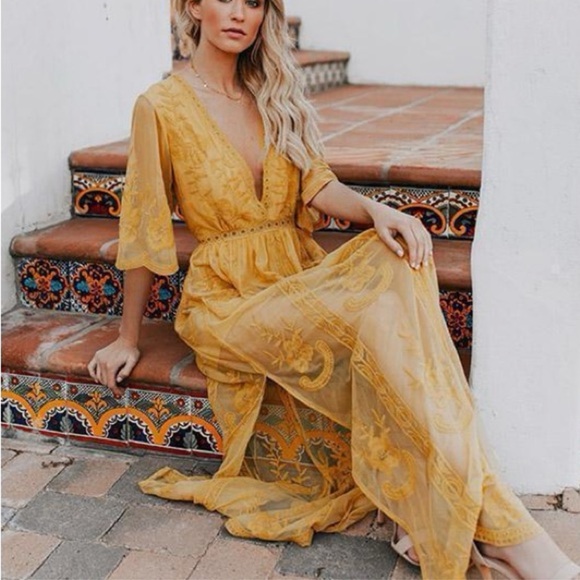 Dresses | Elegant Yellow Lace Maxi Dress Women Bohp Build In Short ...